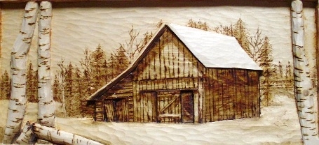 Wood Carvings Wood Carved Old Barn with Broken Birch Hand Carved ...